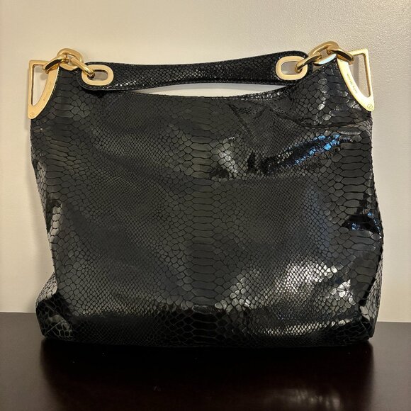 Michael Kors | Bags | Michael Kors Ines Black Faux Snakeskin Leather ...
